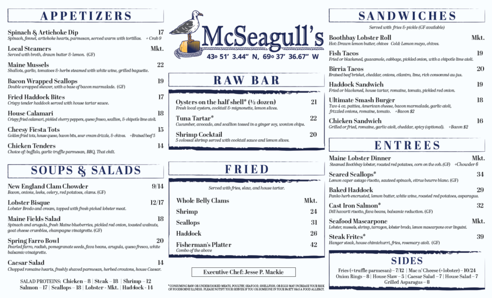 Food Menu | McSeagull's Seafood Restaurant